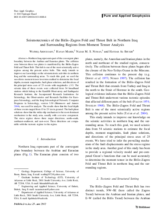(PDF) Seismotectonics of the Bitlis–Zagros Fold and Thrust Belt in ...