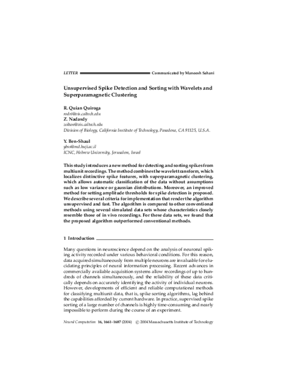 Pdf Unsupervised Spike Detection And Sorting With Wavelets And Superparamagnetic Clustering