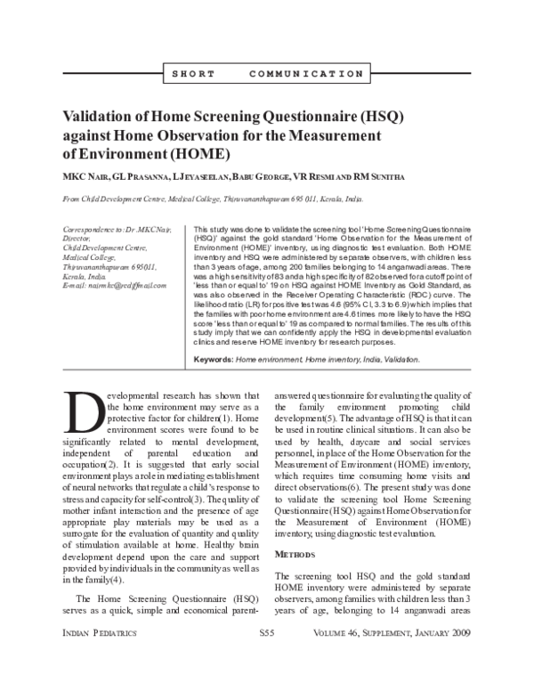 (PDF) Validation of Home Screening Questionnaire (HSQ) against Home ...