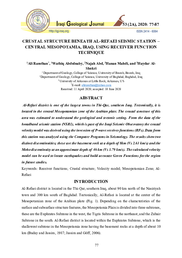 (PDF) Crustal Structure Beneath Al-Refaei Seismic Station – Central Mesopotamia, Iraq, Using ...