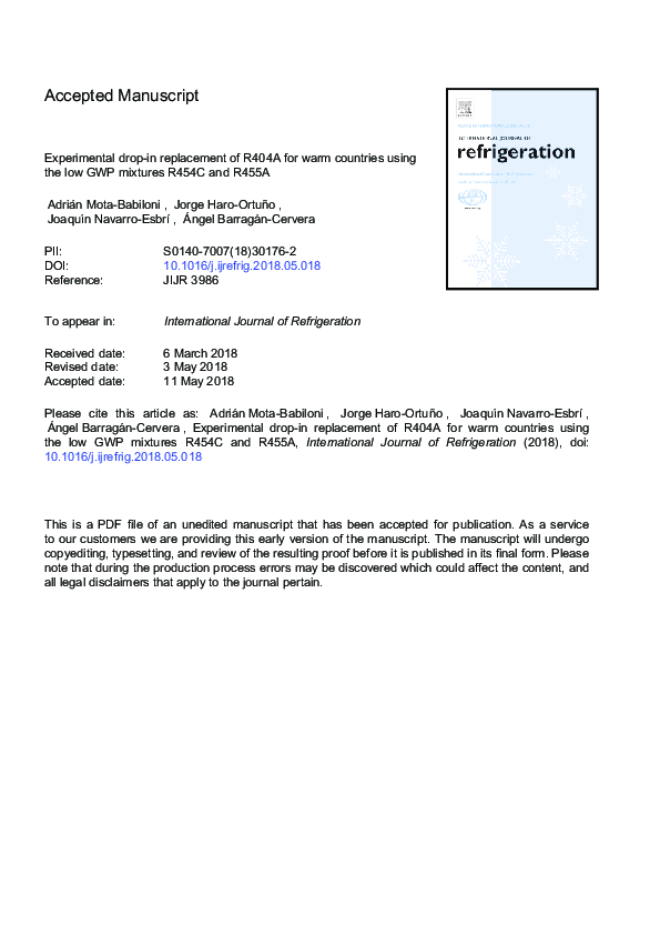 (PDF) Experimental drop-in replacement of R404A for warm countries ...