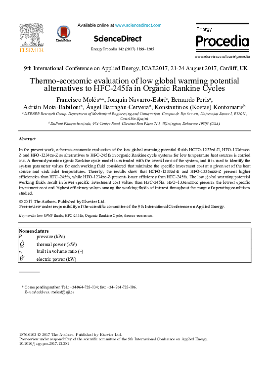 (PDF) Thermo-economic evaluation of low global warming potential ...