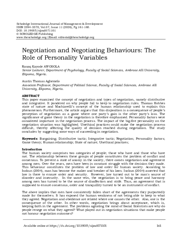 (PDF) Negotiation and Negotiating Behaviours: The Role of Personality Variables