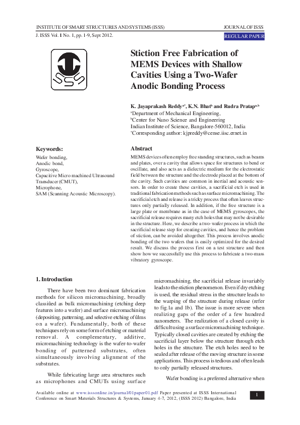 (PDF) Stiction Free Fabrication of MEMS Devices with Shallow Cavities ...