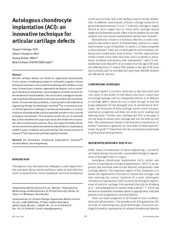 (PDF) Autologous chondrocyte implantation (ACI): an innovative ...