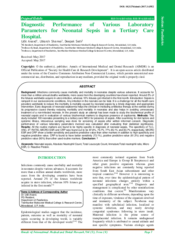 Pdf Diagnostic Performance Of Various Laboratory Parameters For