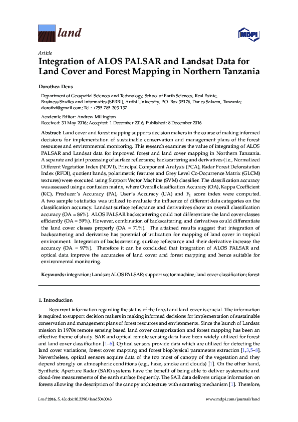 (PDF) Integration of ALOS PALSAR and Landsat Data for Land Cover and ...