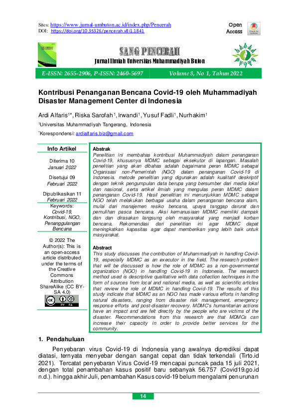 (PDF) Kontribusi Penanganan Bencana Covid-19 oleh Muhammadiyah Disaster ...