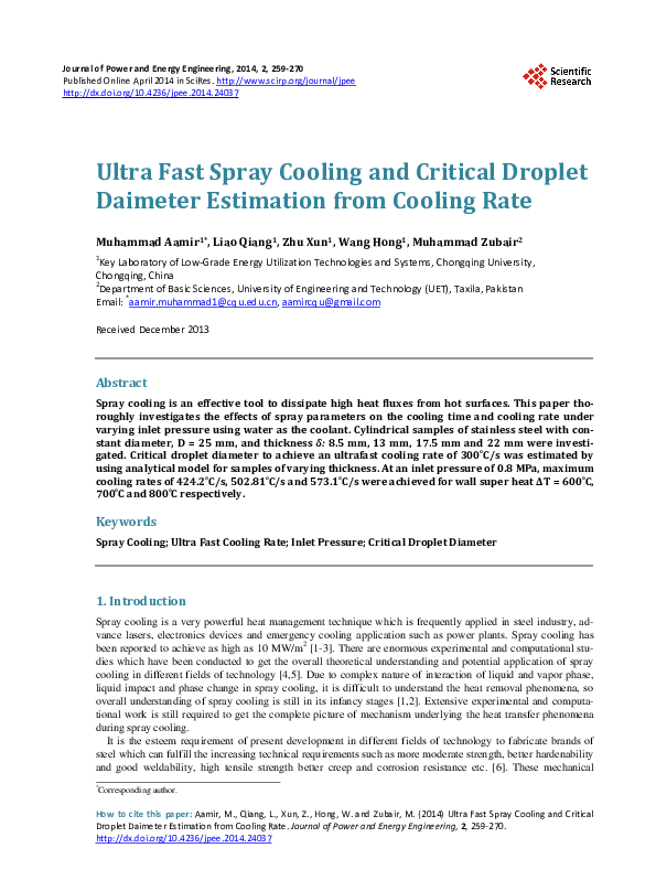 (PDF) Ultra Fast Spray Cooling and Critical Droplet Daimeter Estimation from Cooling Rate