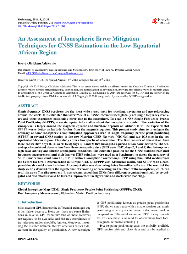 Pdf Open Access Pos An Assessment Of Ionospheric Error Mitigation