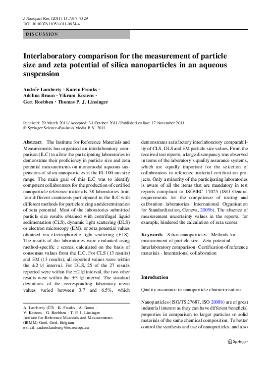 (PDF) Interlaboratory comparison for the measurement of particle size and zeta potential of ...