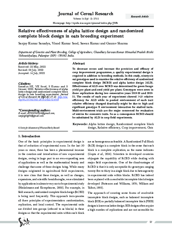 (PDF) Relative effectiveness of alpha lattice design and randomized ...