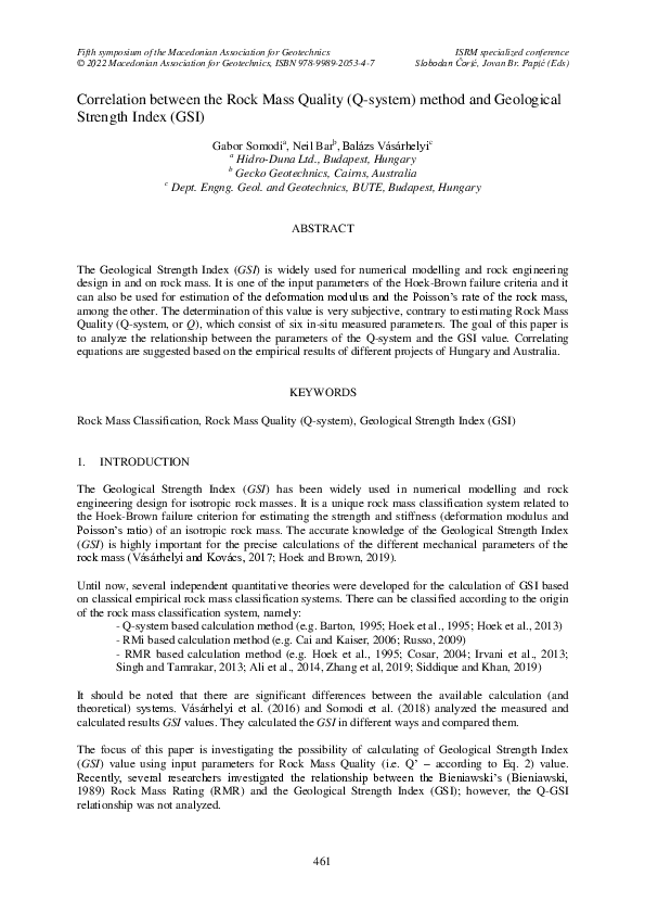Pdf Correlation Between The Rock Mass Quality Q System Method And Geological Strength Index Gsi