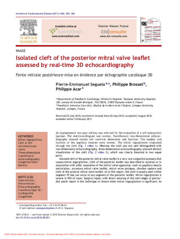 (PDF) Isolated cleft of the posterior mitral valve leaflet assessed by ...