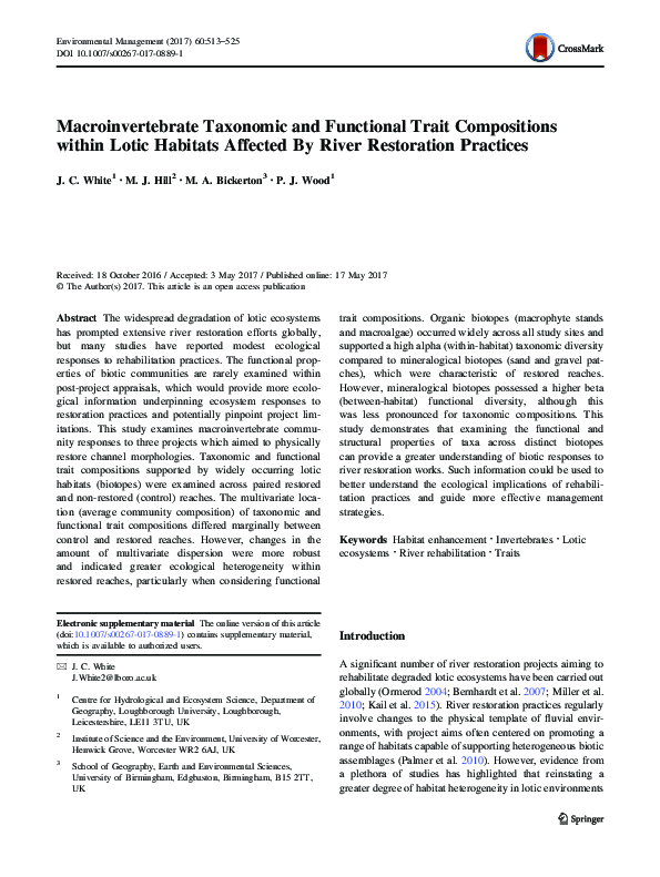 Pdf Macroinvertebrate Taxonomic And Functional Trait Compositions Within Lotic Habitats