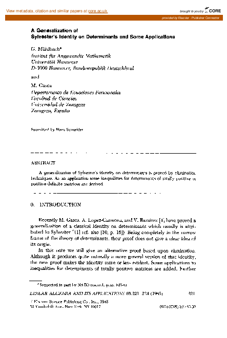 (PDF) A generalization of Sylvester's identity on determinants and some applications