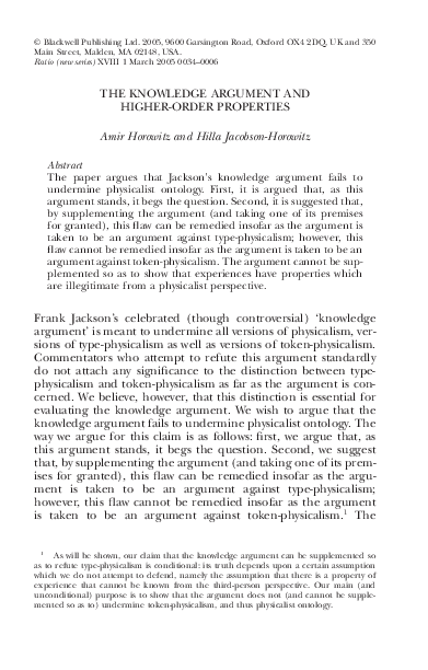 (PDF) The Knowledge Argument and Higher-Order Properties