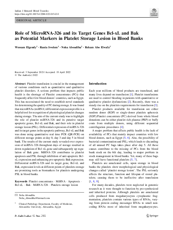 (PDF) Role of MicroRNA-326 and its Target Genes Bcl-xL and Bak as Potential Markers in Platelet ...