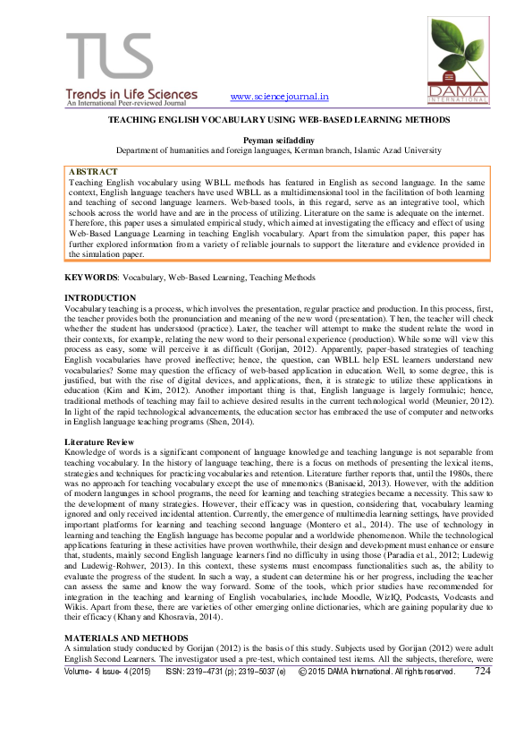 (PDF) Teaching English Vocabulary Using Web-Based Learning Methods
