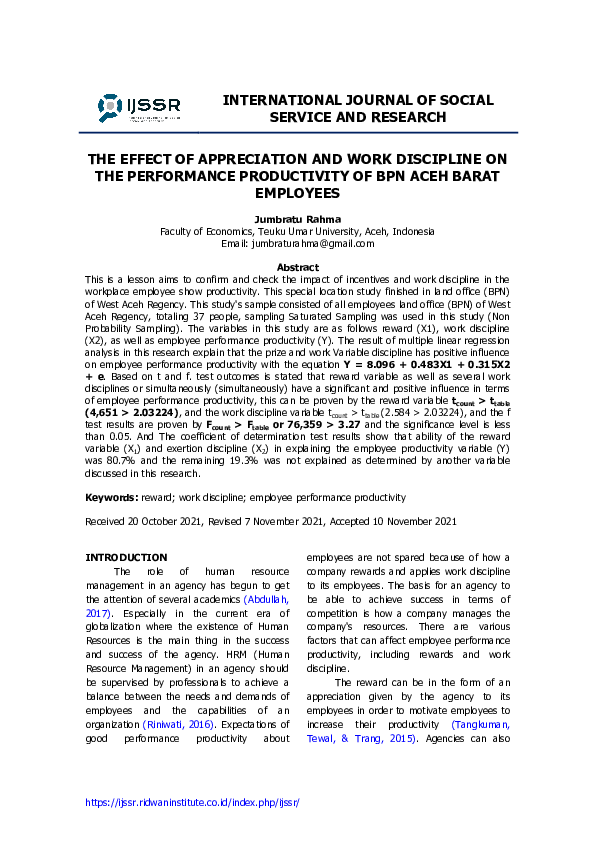 (PDF) The Effect of Appreciation and Work Discipline on the Performance ...