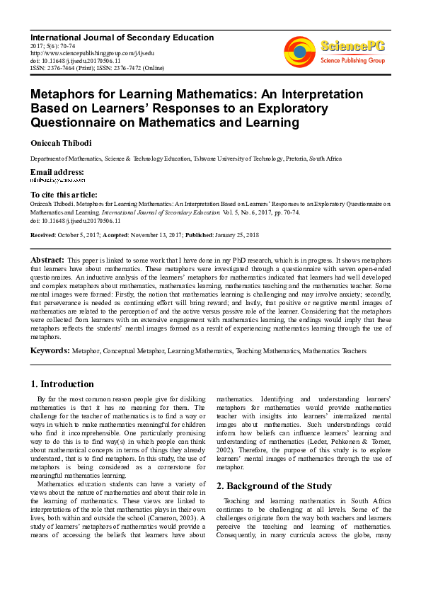 (PDF) Metaphors for Learning Mathematics: An Interpretation Based on Learners’ Responses to an ...