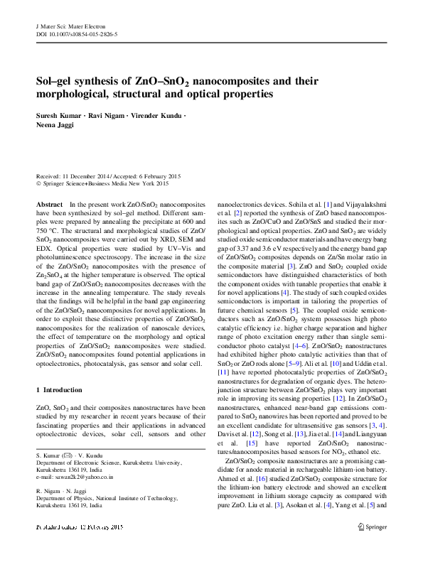 (PDF) Sol–gel synthesis of ZnO–SnO2 nanocomposites and their ...