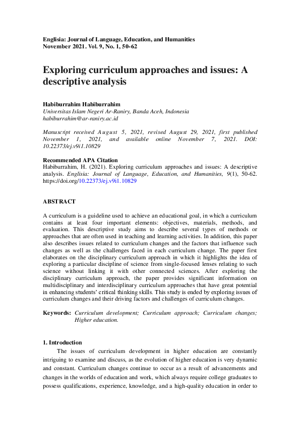 (PDF) Exploring curriculum approaches and issues: A descriptive analysis