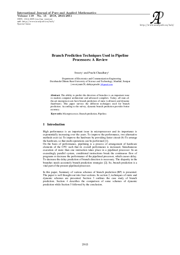 (PDF) Branch Prediction Techniques Used in Pipeline Processors: A Review