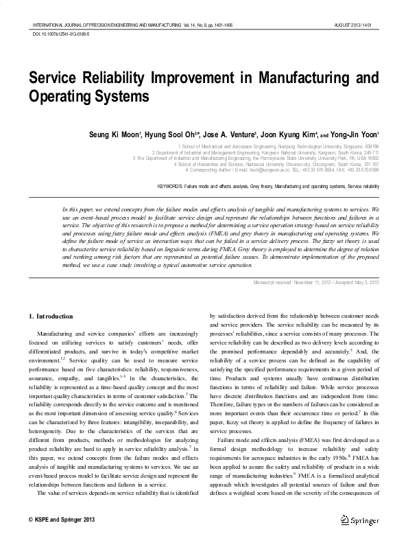 (PDF) Service reliability improvement in manufacturing and operating ...