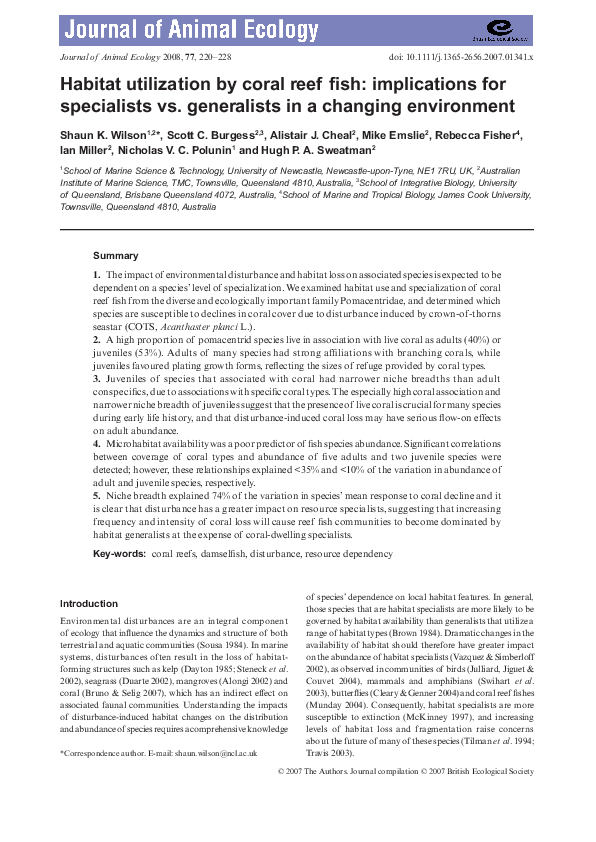 (PDF) Habitat utilization by coral reef fish: implications for ...