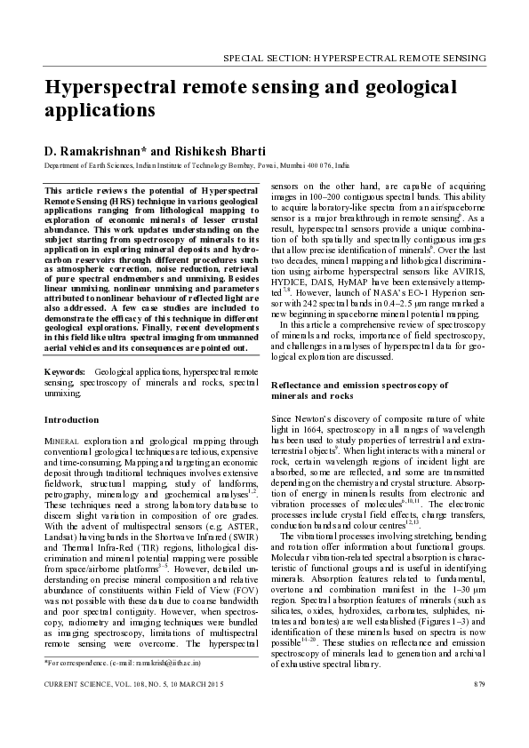 Pdf Hyperspectral Remote Sensing And Geological Applications