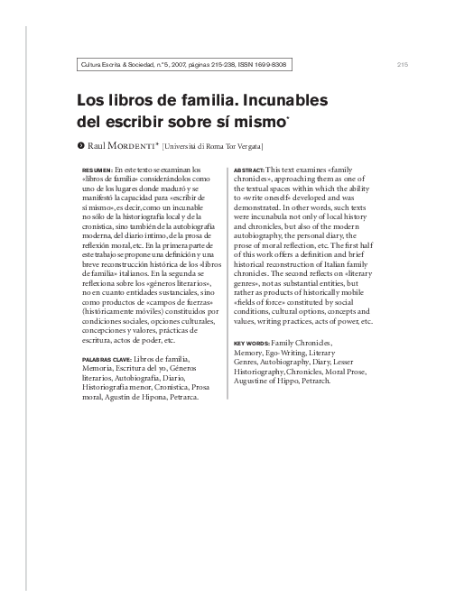 (PDF) Los libros de familia: incunables del escribir sobre sí mismo