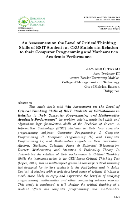 (PDF) An Assessment on the Level of Critical Thinking Skills of BSIT ...