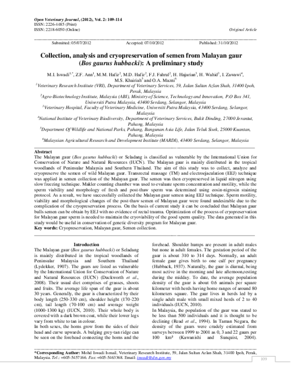 (PDF) Collection, analysis and cryopreservation of semen from Malayan ...