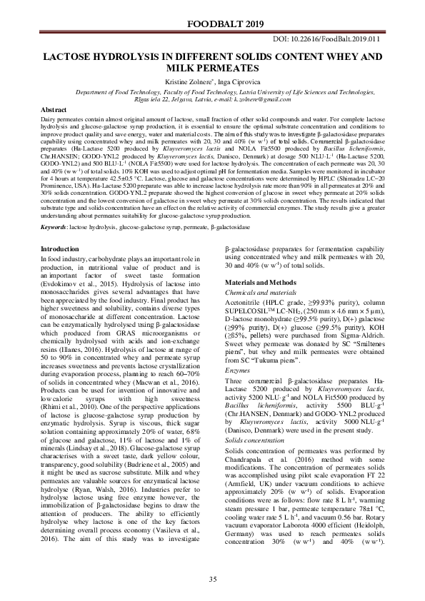 (PDF) Lactose hydrolysis in different solids content whey and milk ...