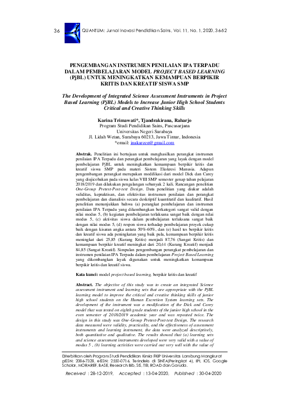 (PDF) PENGEMBANGAN INSTRUMEN PENILAIAN IPA TERPADU DALAM PEMBELAJARAN MODEL PROJECT BASED ...