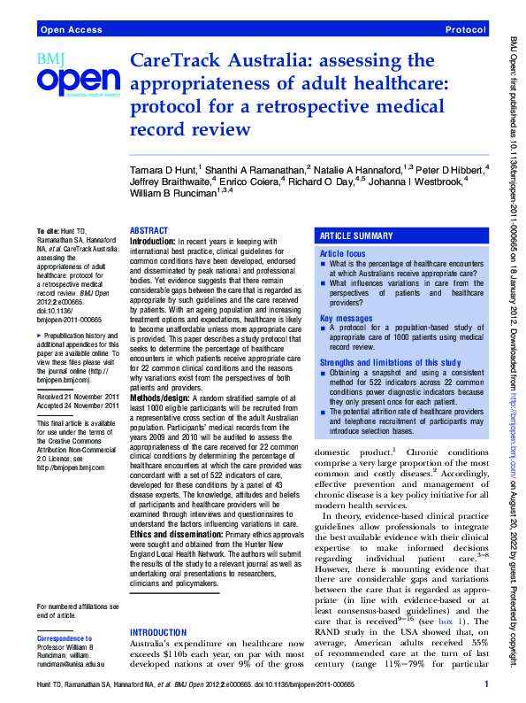 Pdf Caretrack Australia Assessing The Appropriateness Of Adult Healthcare Protocol For A