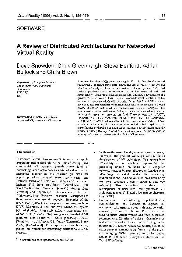 (PDF) A review of distributed architectures for networked virtual reality