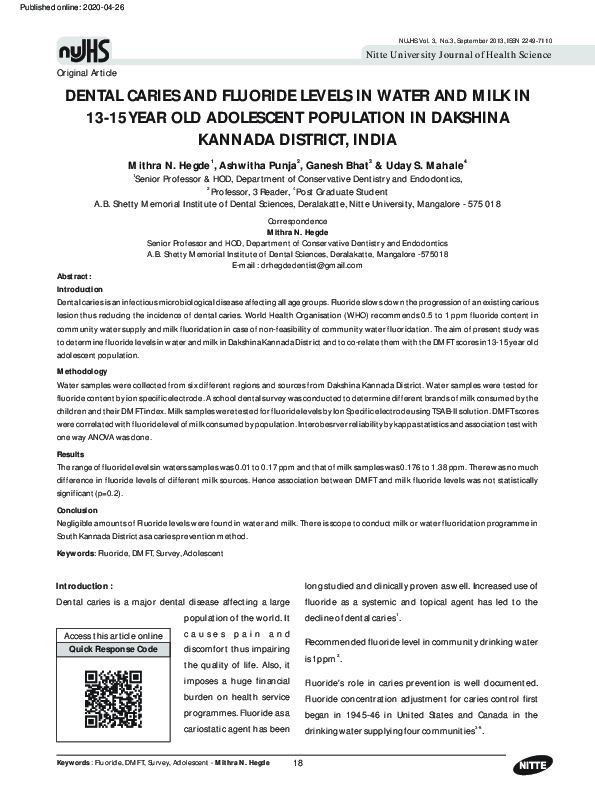 (PDF) Dental Caries and Fluoride Levels in Water and Milk in 13-15 Year ...