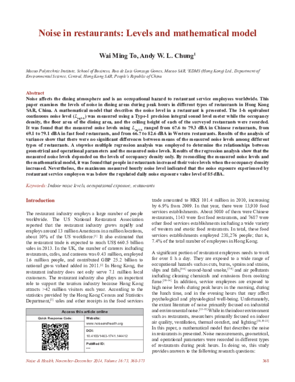 (PDF) Noise in restaurants: Levels and mathematical model
