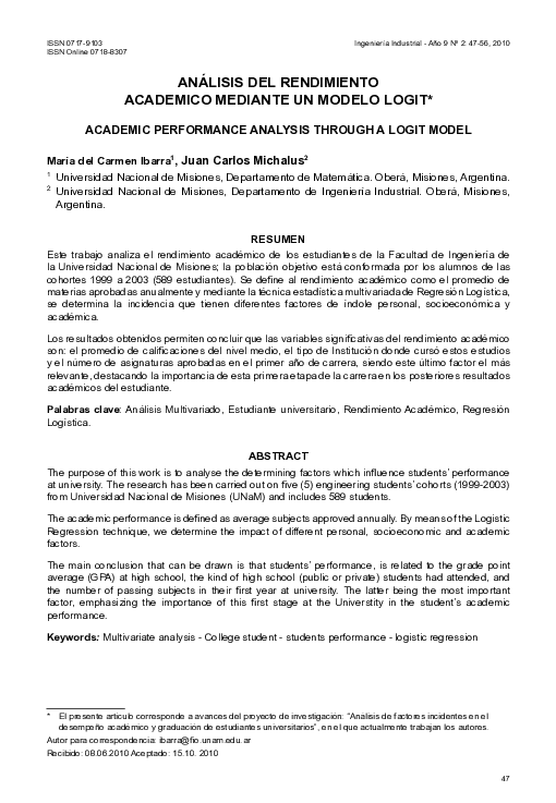 (PDF) Análisis del rendimiento académico mediante un modelo LOGIT