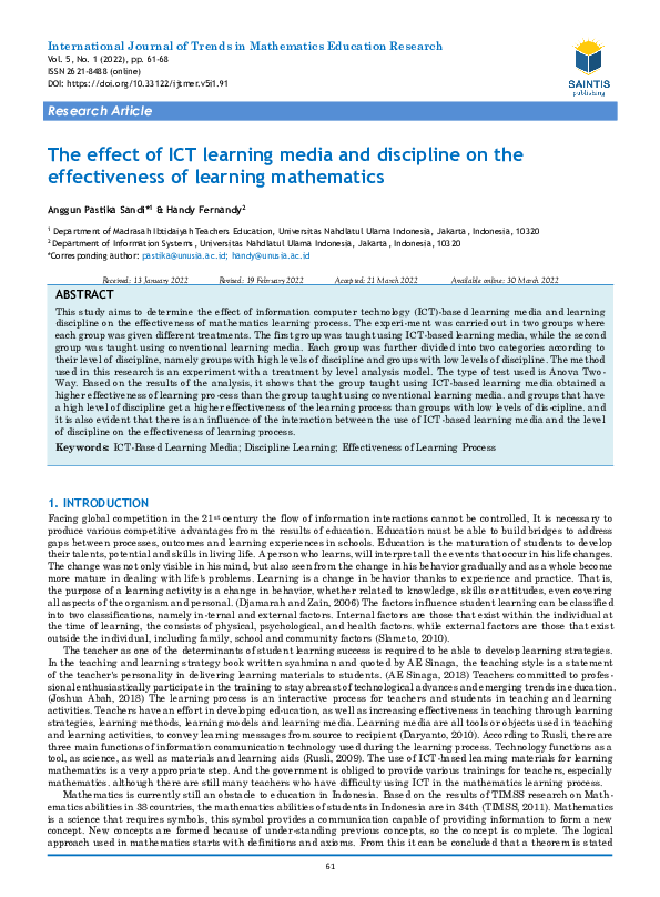 (PDF) The effect of ICT learning media and discipline on the effectiveness of learning mathematics