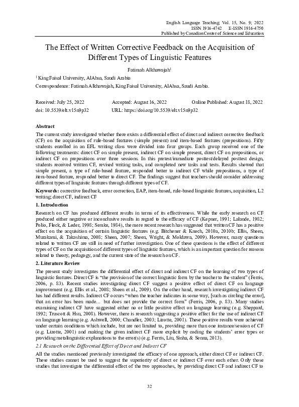 (PDF) The Effect of Written Corrective Feedback on the Acquisition of ...