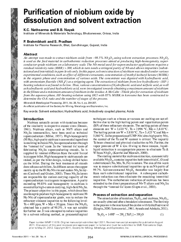 (PDF) Purification of niobium oxide by dissolution and solvent extraction