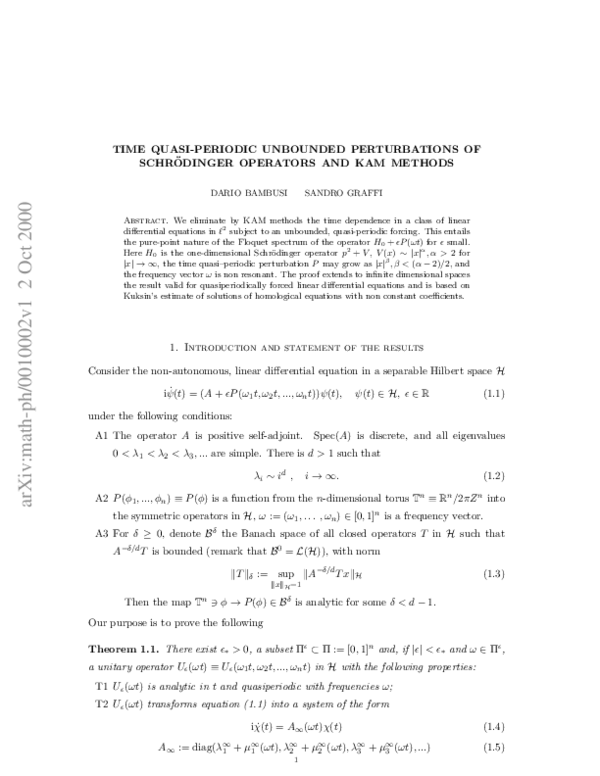 Pdf Time Quasi Periodic Unbounded Perturbations¶of Schrödinger Operators And Kam Methods