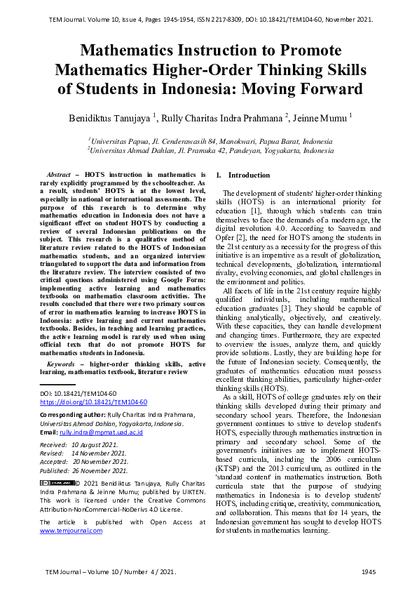 (PDF) Mathematics Instruction to Promote Mathematics Higher-Order ...