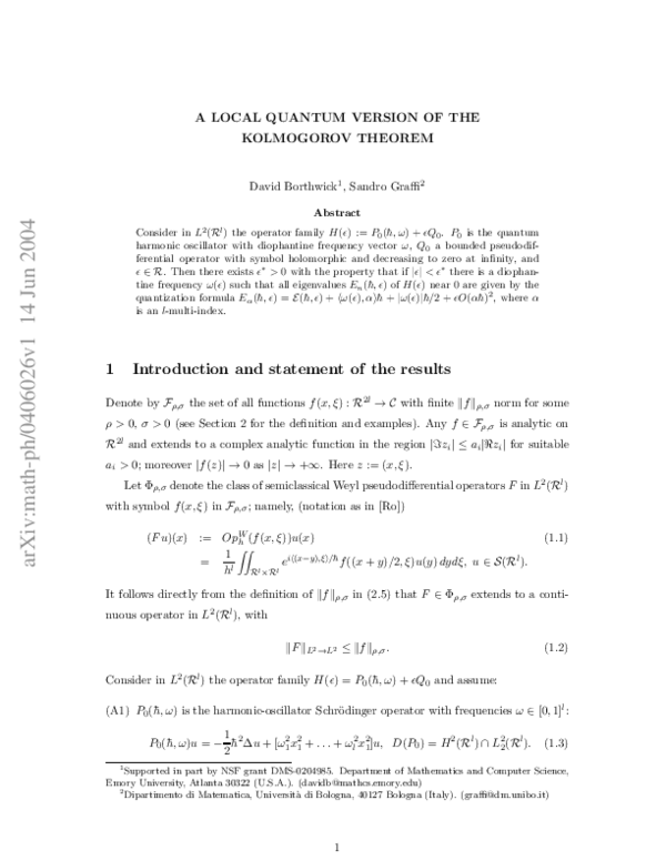 Pdf A Local Quantum Version Of The Kolmogorov Theorem