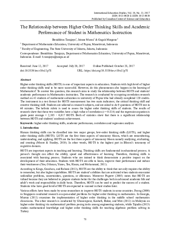 (PDF) The Relationship between Higher Order Thinking Skills and ... (PDF) The Relationship between Higher Order Thinking Skills and ...