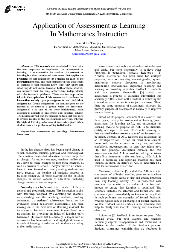 (PDF) Application of Assessment as Learning in Mathematics Instruction