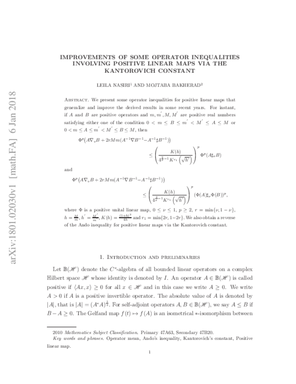 Pdf Improvements Of Some Operator Inequalities Involving Positive Linear Maps Via The